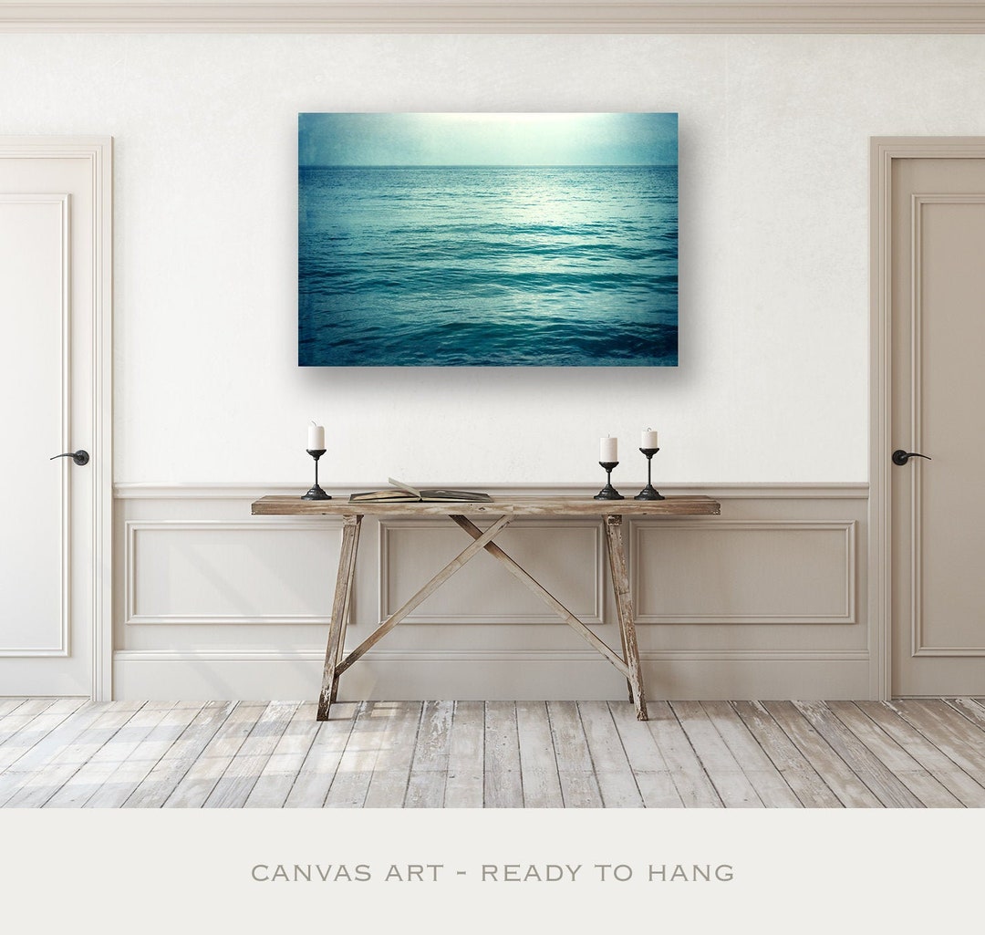 Ocean Print Art Canvas - Minimal Wall Art, Beach Artwork, Dark Teal ...