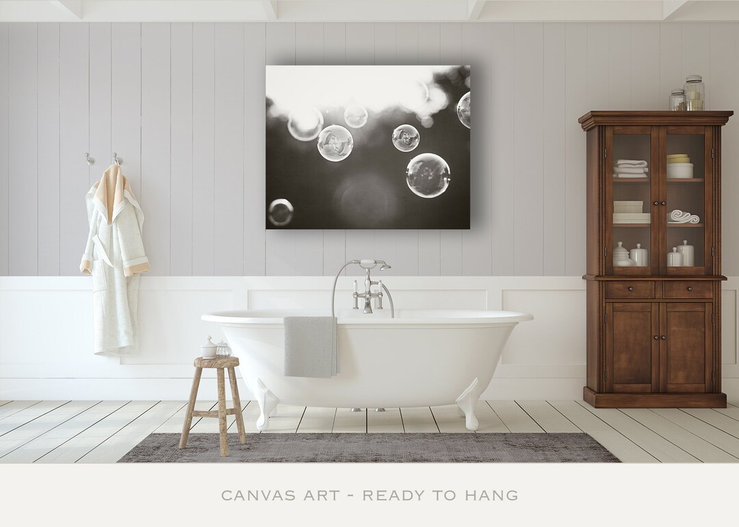 Bathroom Canvas Print Art - Soap Bubbles Black White Wall Art Laundry ...