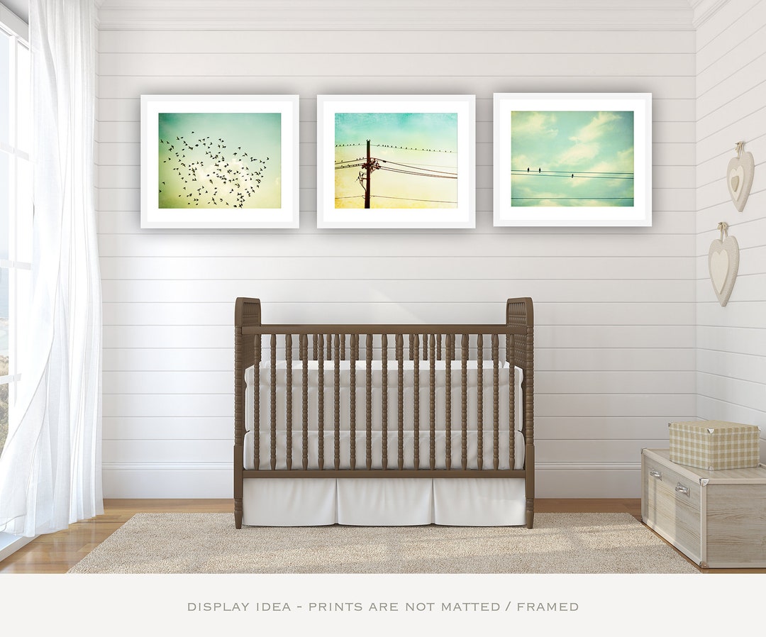 Over the Crib Decor Mint Nursery Decor, Set of Three Wall Art, Birds on ...