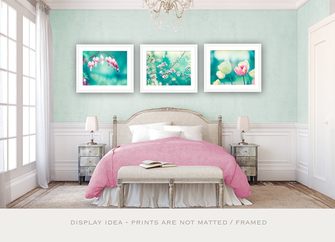 Aqua Pink Flower Print Set - Teal Blue Floral Photography (set of 3) - Etsy