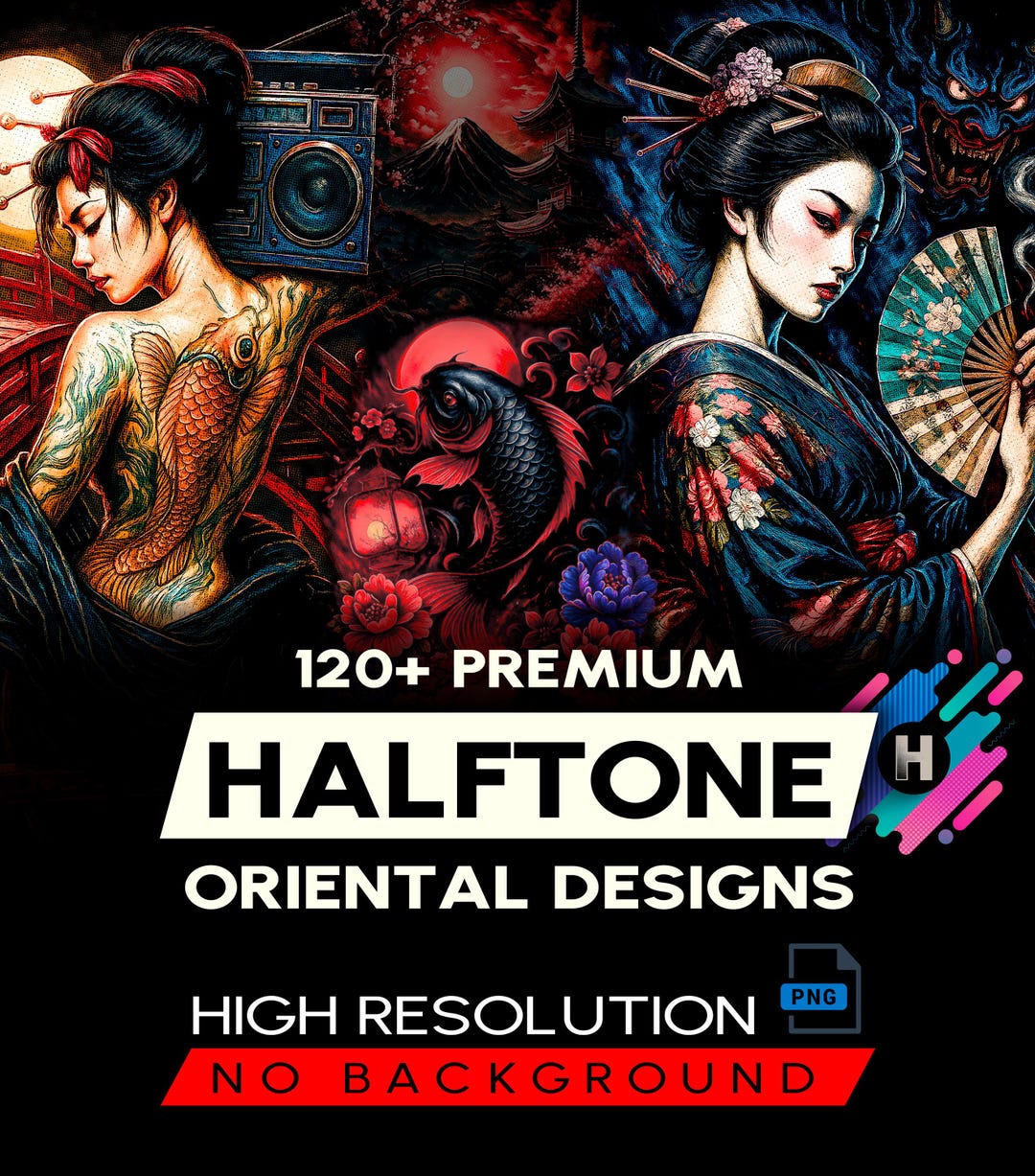 120+ Exclusive Halftone Oriental Designs Bundle for DTF DTG Printing ...