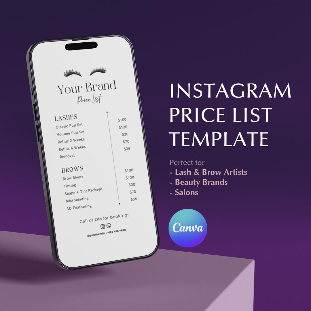 Lash & Brow Price List Template | Instagram Salon Menu (canva ...