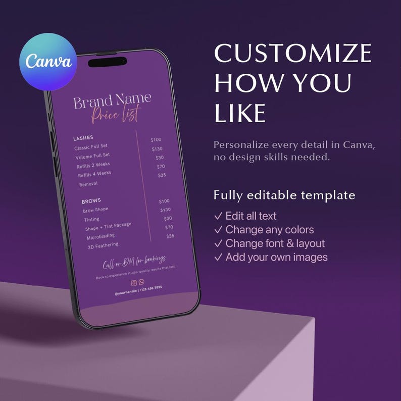 Editable Lash & Brow Instagram Price List | Canva Salon Service Menu ...
