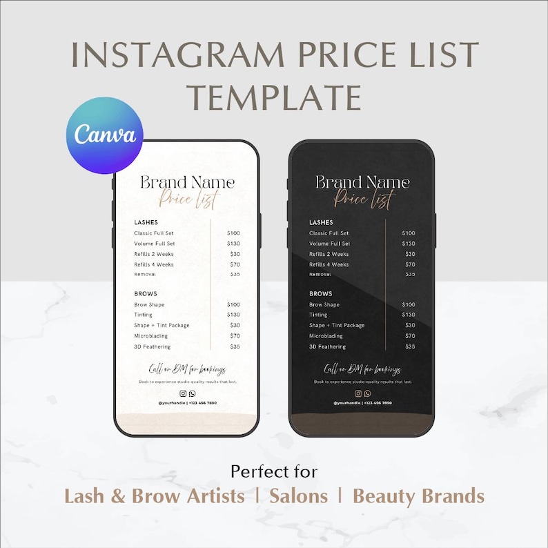 Editable Lash & Brow Instagram Price List | Canva Salon Service Menu ...