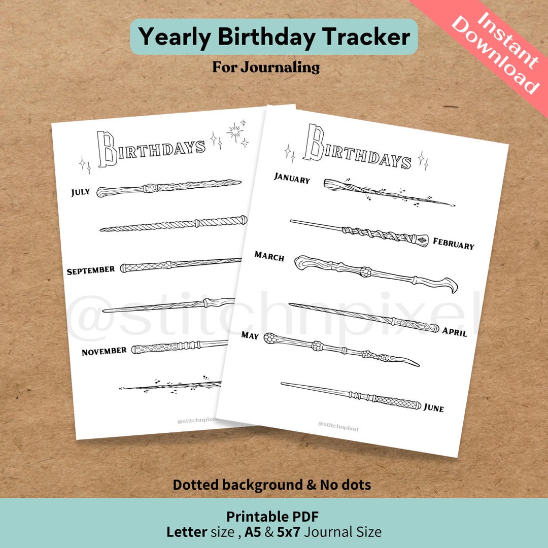 Yearly Birthday Tracker - Printable Journal Page, Wizard Wand Theme ...