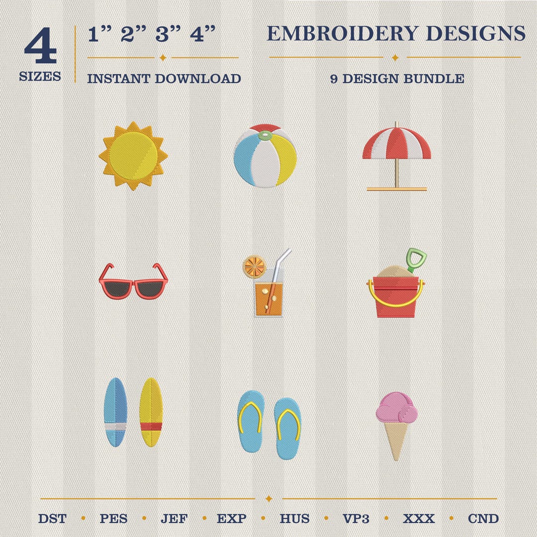 Summer Mini Embroidery Design Bundle With Sun, Beach Ball, Umbrella ...