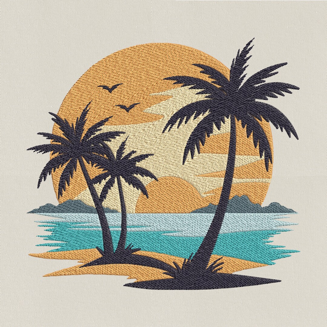 Tropical Landscape Embroidery Design Palm Tree Sunset Nature Travel ...