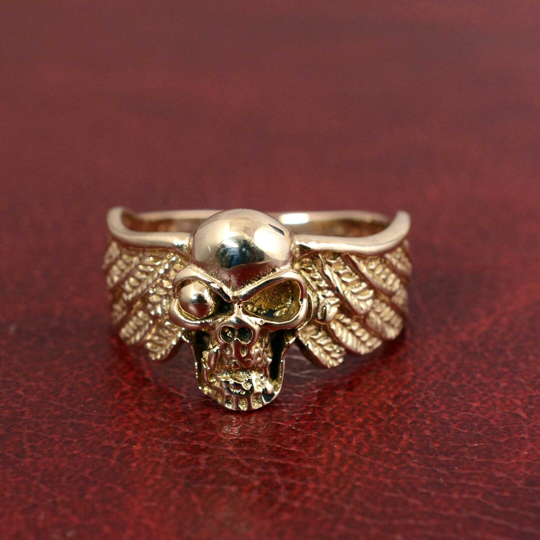 Winged Skull Gold Ring | Gothic Punk Jewelry | Biker Style Band ...