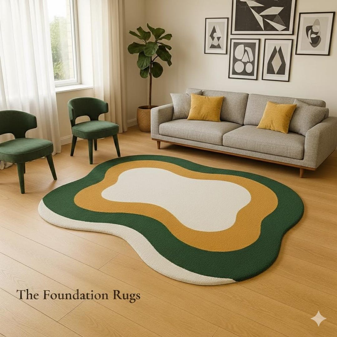 Organic Blob Shape Rug | Emerald Green & Mustard Yellow Hand-tufted ...