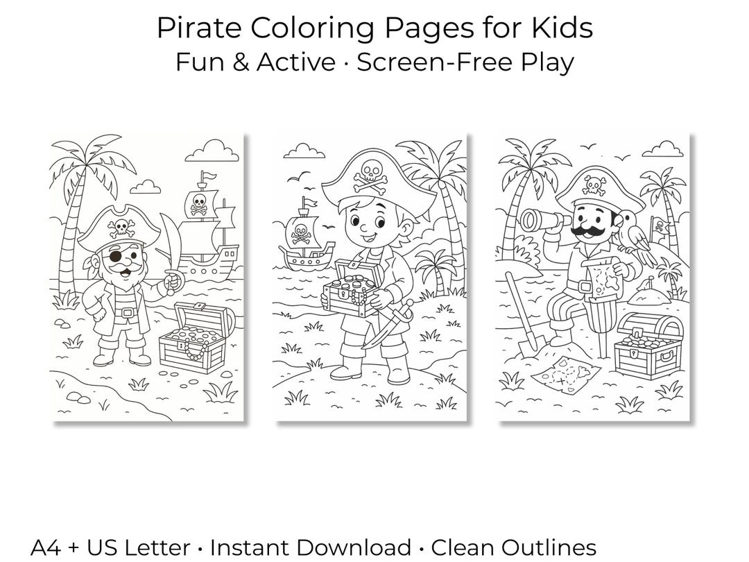 Pirate Coloring Pages for Kids | Pirate Ships & Treasure | Printable A4 ...
