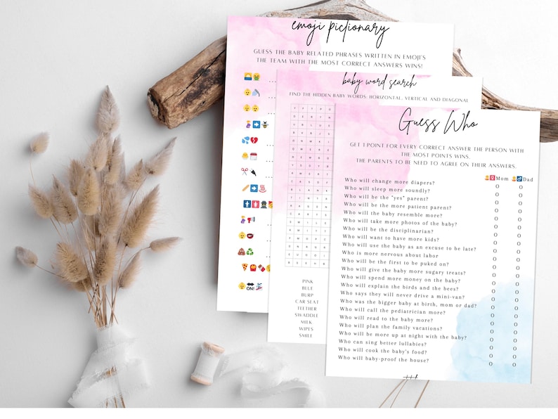 Gender Reveal Party Games Printable – 3 Game Bundle – Guess Who, Emoji ...