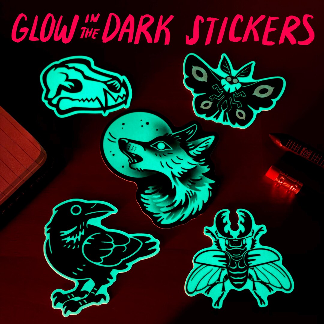 Glow in the Dark Stickers • Mothman, Wolf, Skull, Raven, Beetle ...