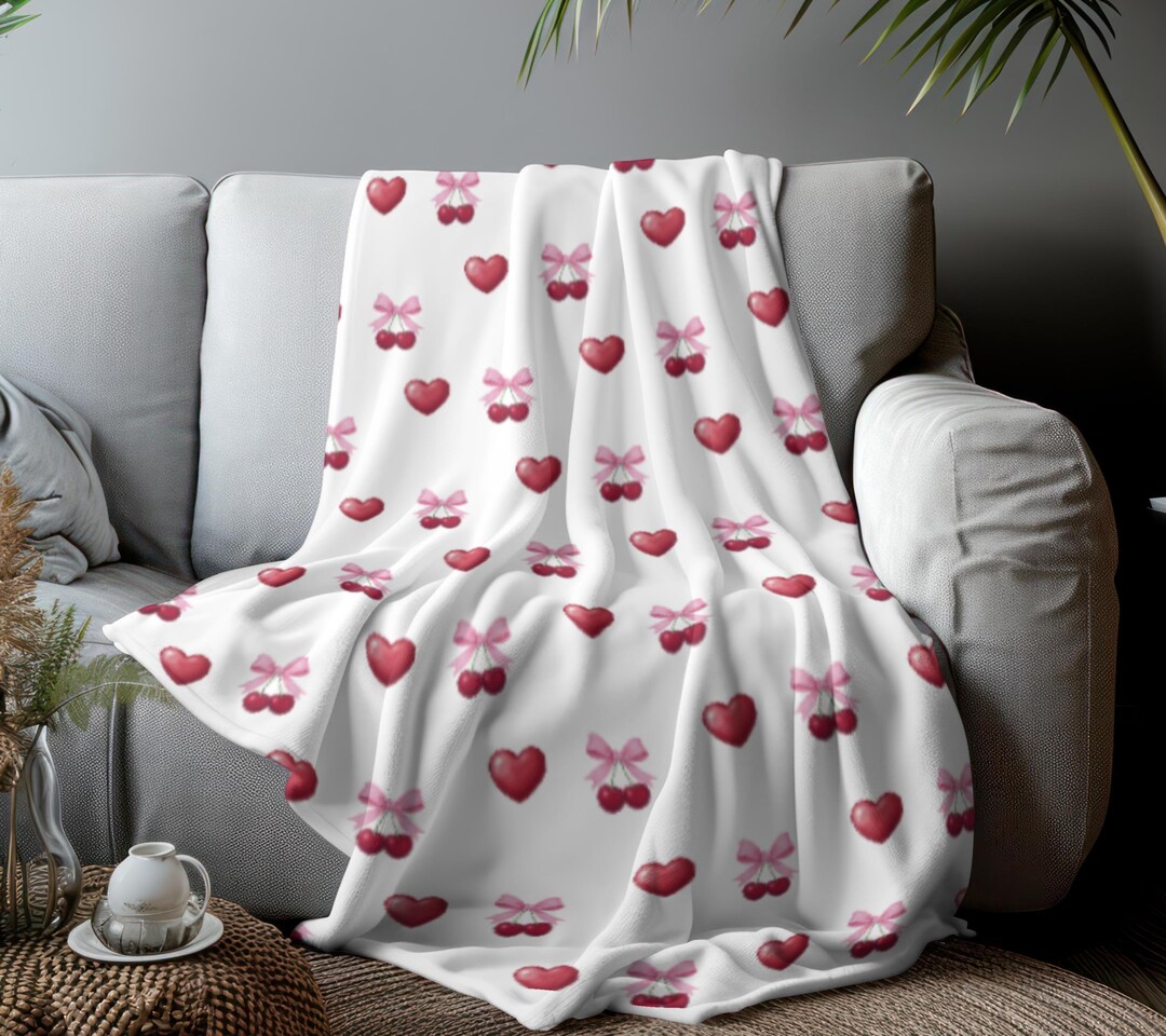 Cherries With Pink Bows & Hearts Sherpa Fleece Blanket | Valentine ...