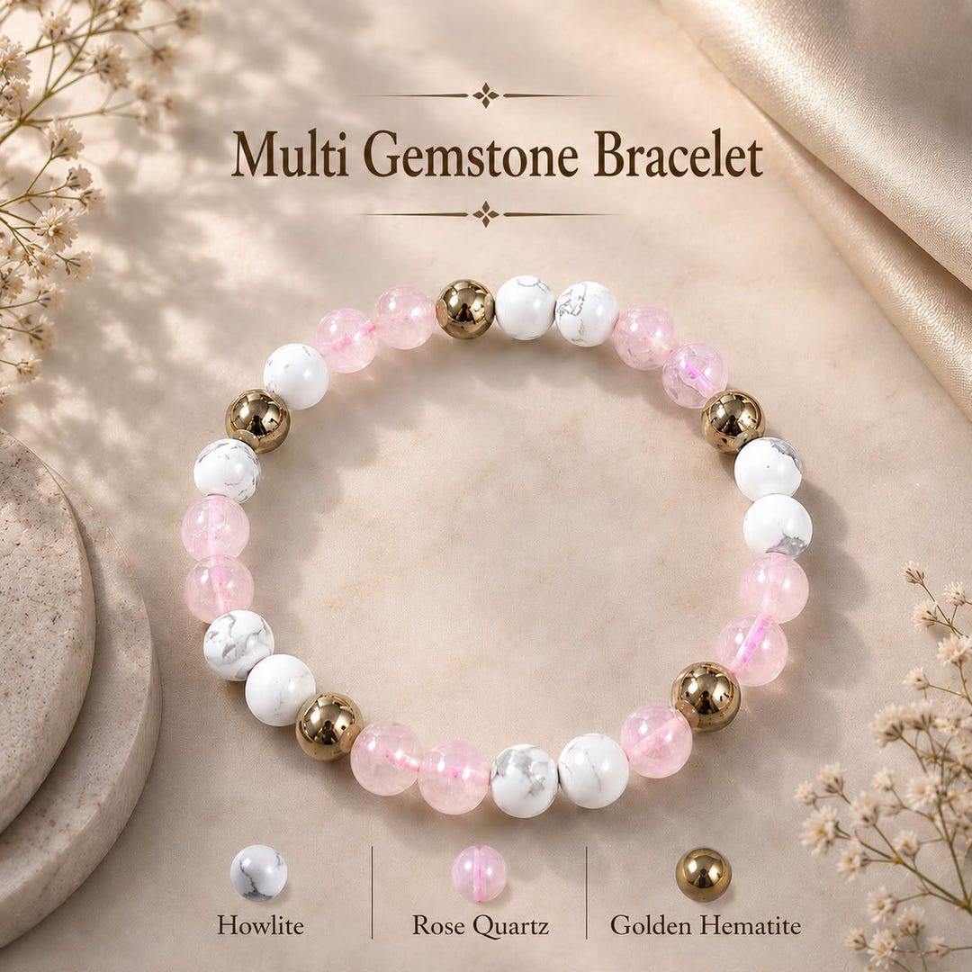 Rose Quartz Howlite Golden Hematite Beaded Bracelet, Soft Pink Gold ...