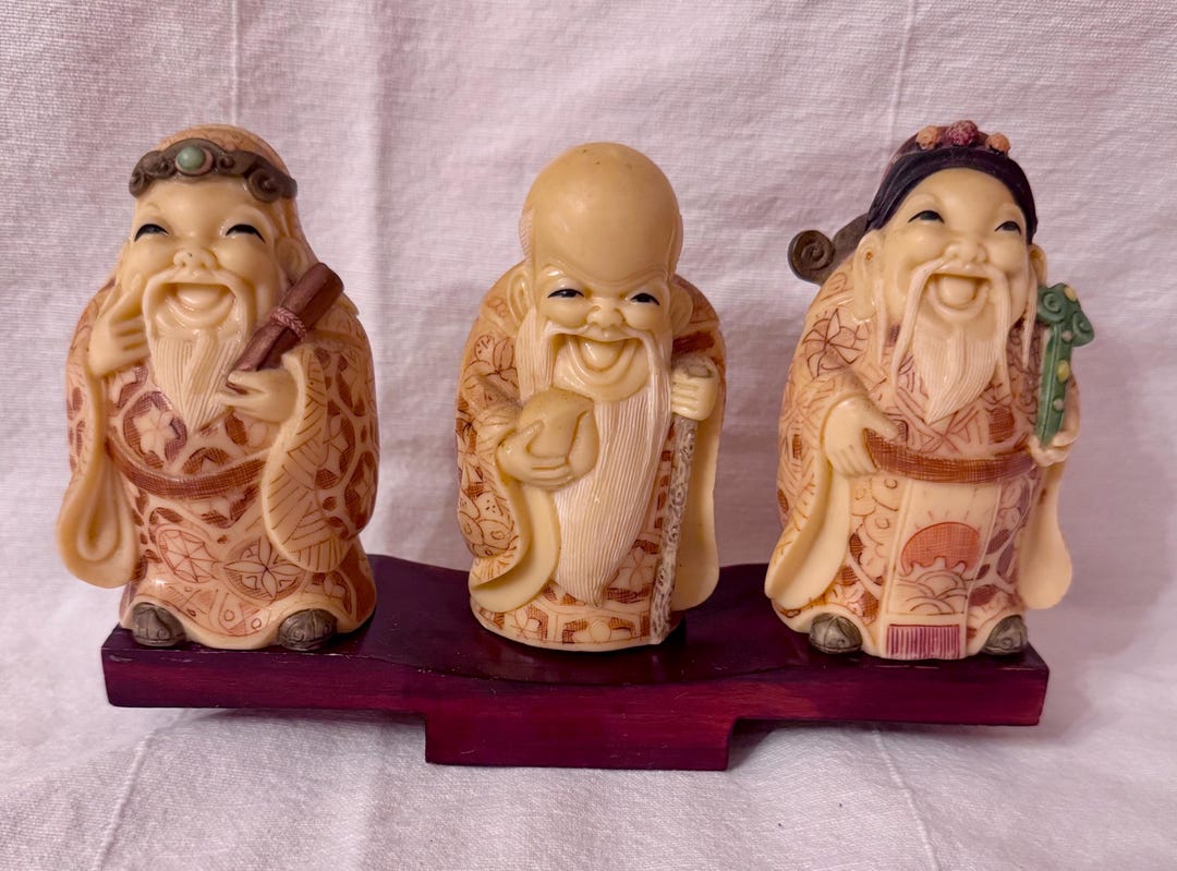 Vintage Chinese Soapstone Fu Lu Shou Trio Statues on Aged Wood Base ...