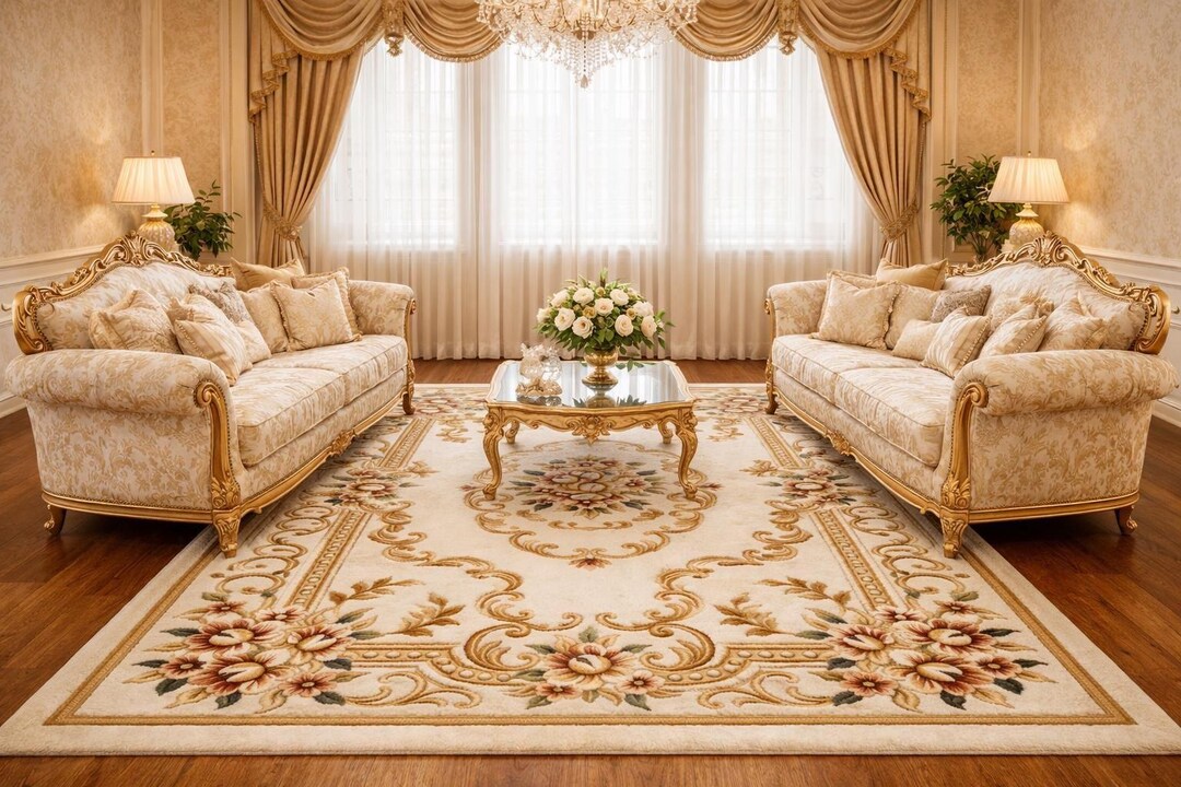 Hand-tufted Wool Abushan Carpet – Traditional Floral Cream Gold Area ...