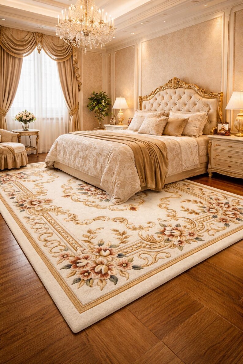 Hand-tufted Wool Abushan Carpet – Traditional Floral Cream Gold Area ...