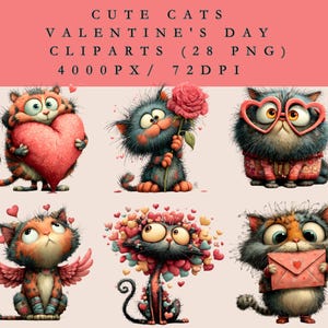 Cute Cats Valentine’s Day Cliparts, Watercolor Cat PNG, Valentine Cat ...