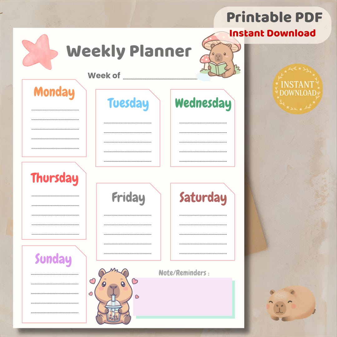 Cute Pastel Capybara Weekly Planner Printable A4 PDF | ADHD Routine ...