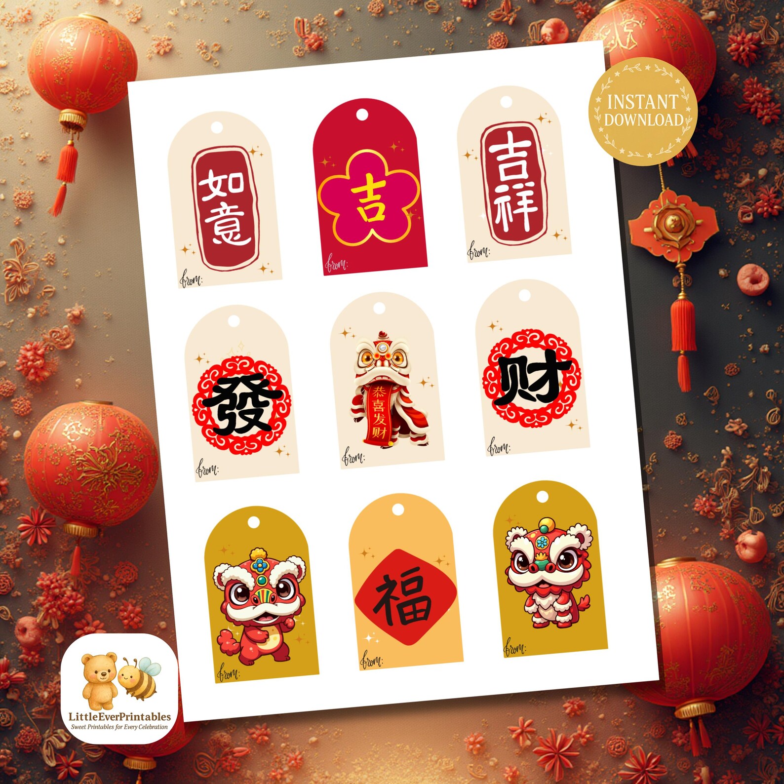 Chinese New Year Gift Tags | Lunar New Year Tags Printable | Lion Dance ...