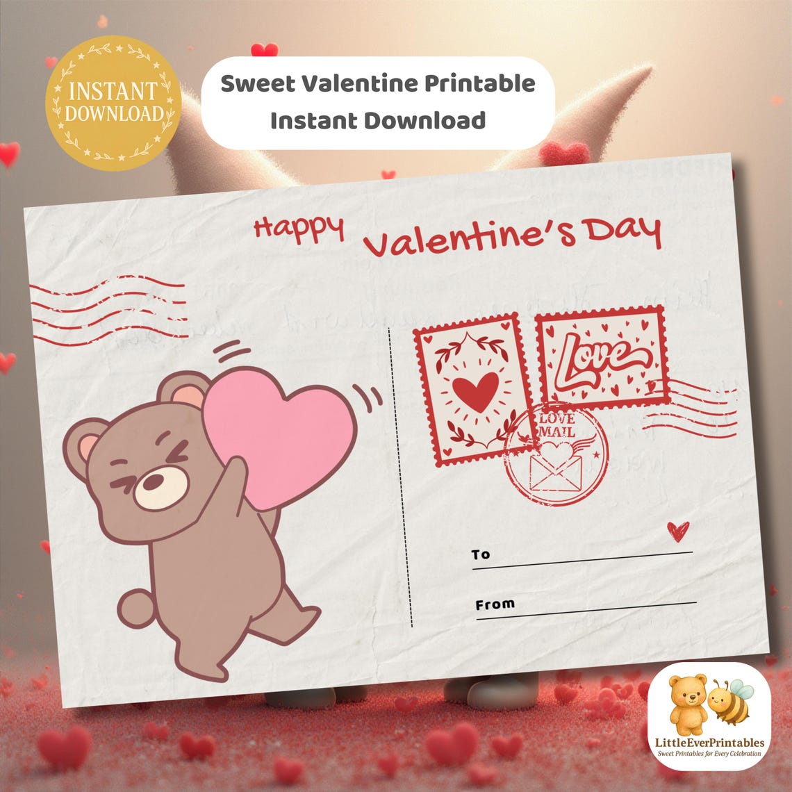 Printable Valentine’s Day Card for Kids, Cute Bear Valentine Postcard ...