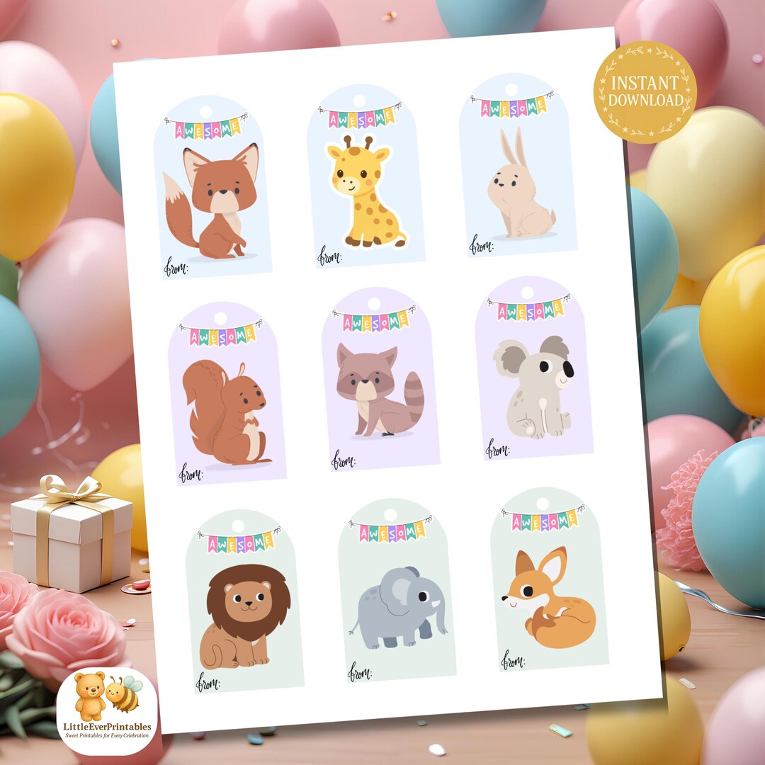 Cute Animal Birthday Gift Tags Printable, Jungle Safari Party Favor ...