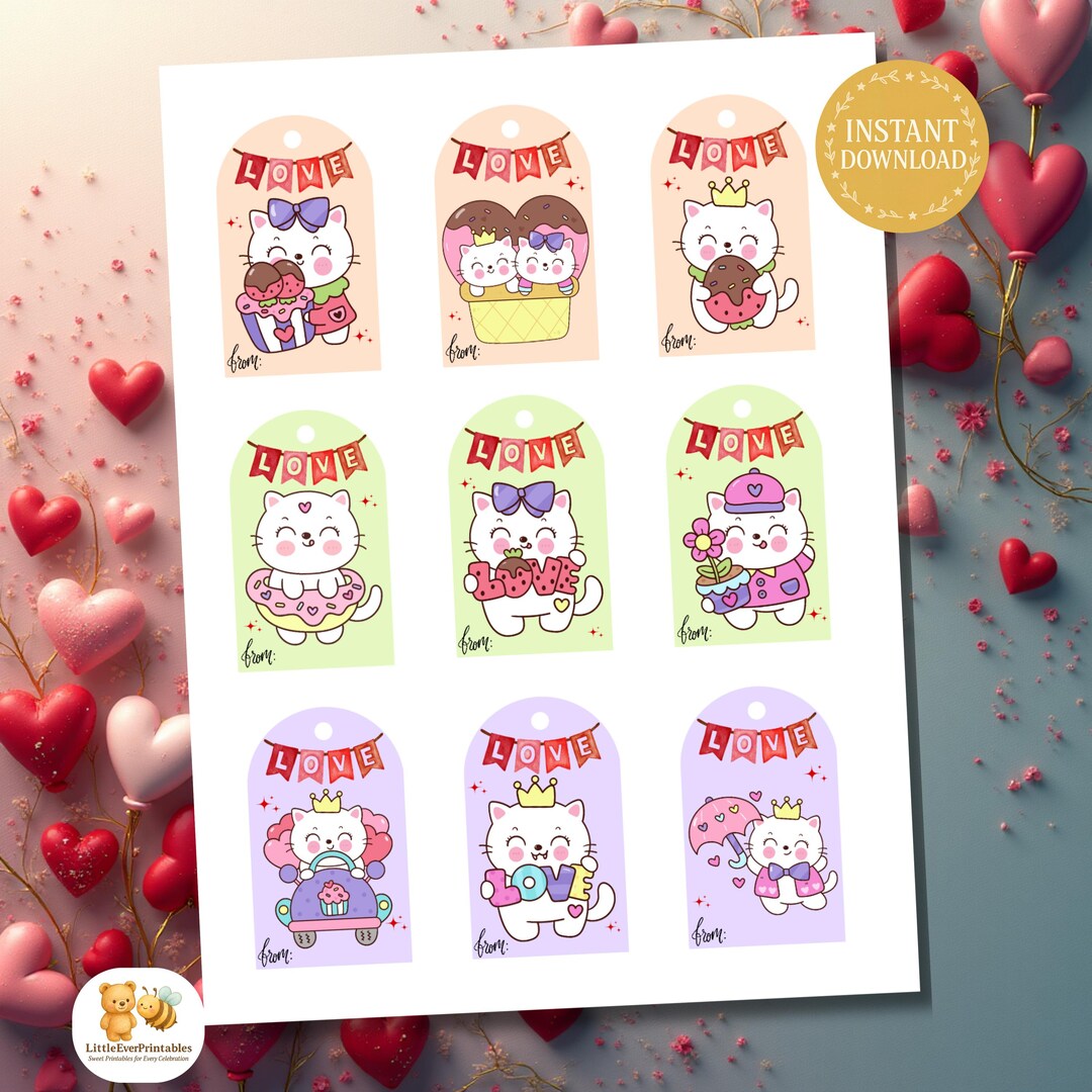 Valentine’s Day Gift Tags Printable | Cute Kawaii Cat Valentine Tags ...