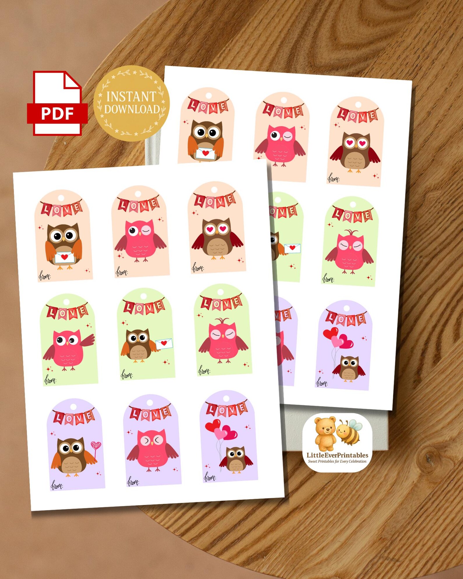 Cute Valentine Owl Gift Tags Printable | Love Owl Classroom Cards for ...