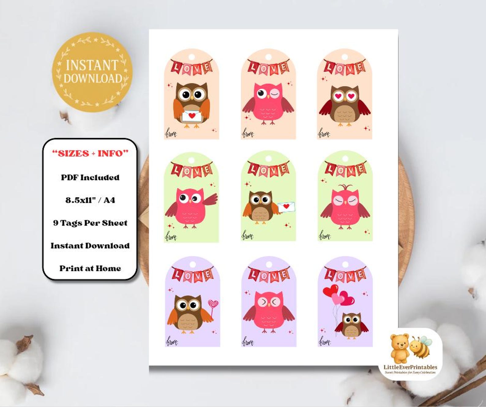 Cute Valentine Owl Gift Tags Printable | Love Owl Classroom Cards for ...