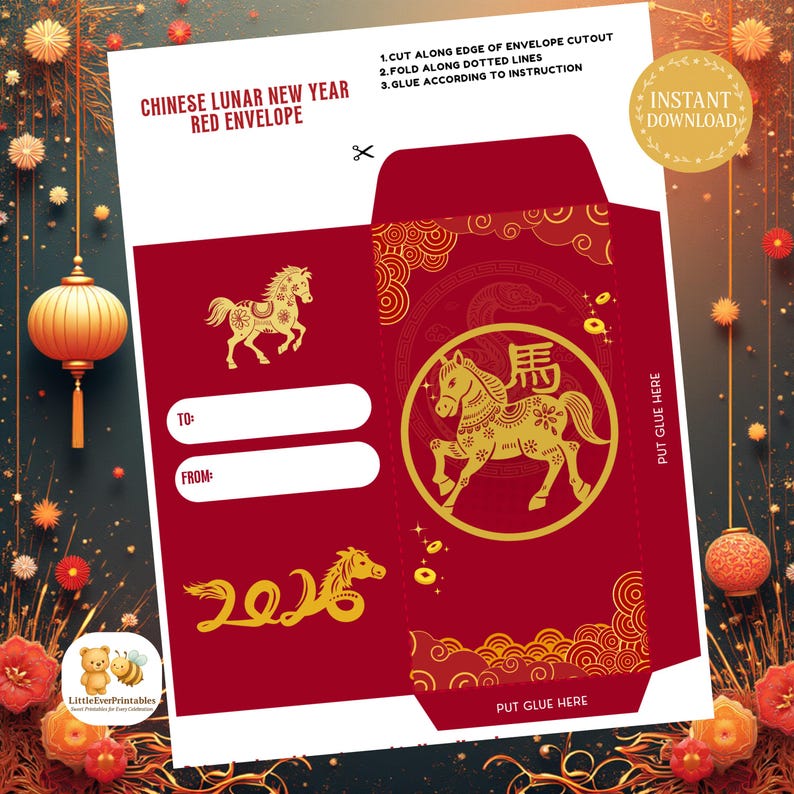 Year of the Horse Red Envelope Printable • Chinese New Year 2026 Lai ...