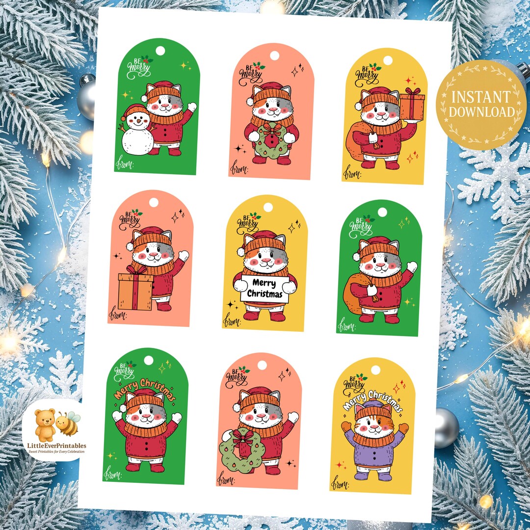 Christmas Gift Tags Printable • Cute Cat Santa Tags • Holiday Favor ...