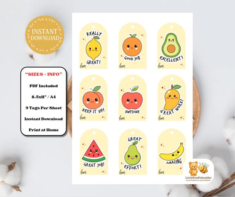 Printable Classroom Reward Tags for Kids | Cute Fruit Encouragement ...