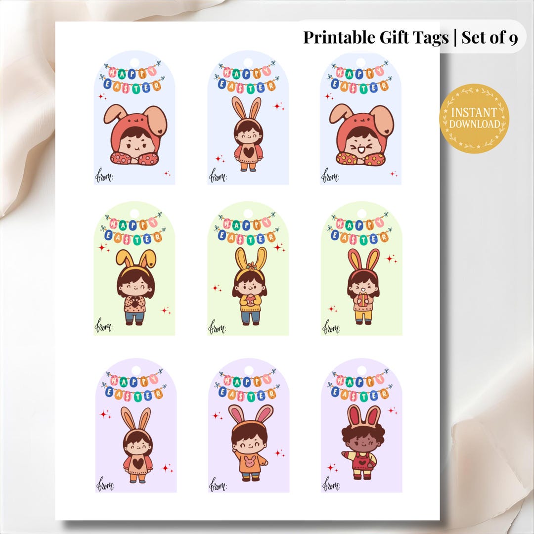 Easter Bunny Gift Tags Printable Set of 9 | Cute Pastel Spring Favor ...