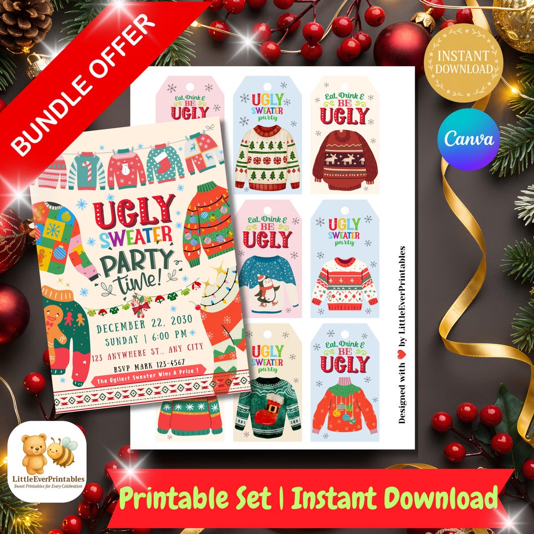 Ugly Sweater Party Printable • Christmas Invitation & Gift Tags Set ...