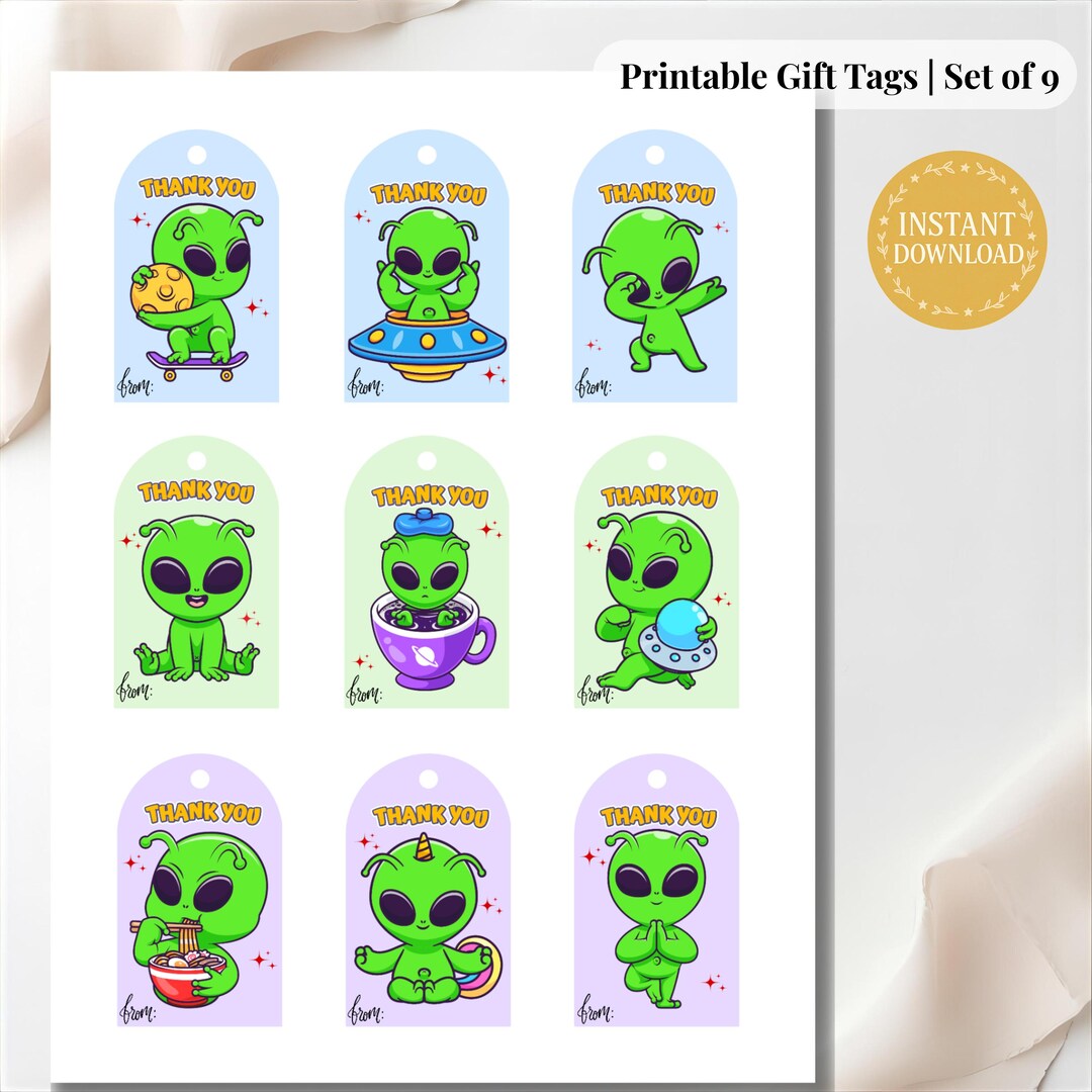 Printable Thank You Gift Tags Set of 9 | Cute Alien Party Favor Tags ...