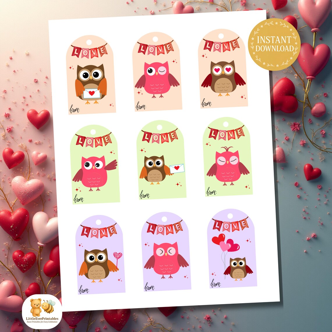 Cute Valentine Owl Gift Tags Printable | Love Owl Classroom Cards for ...