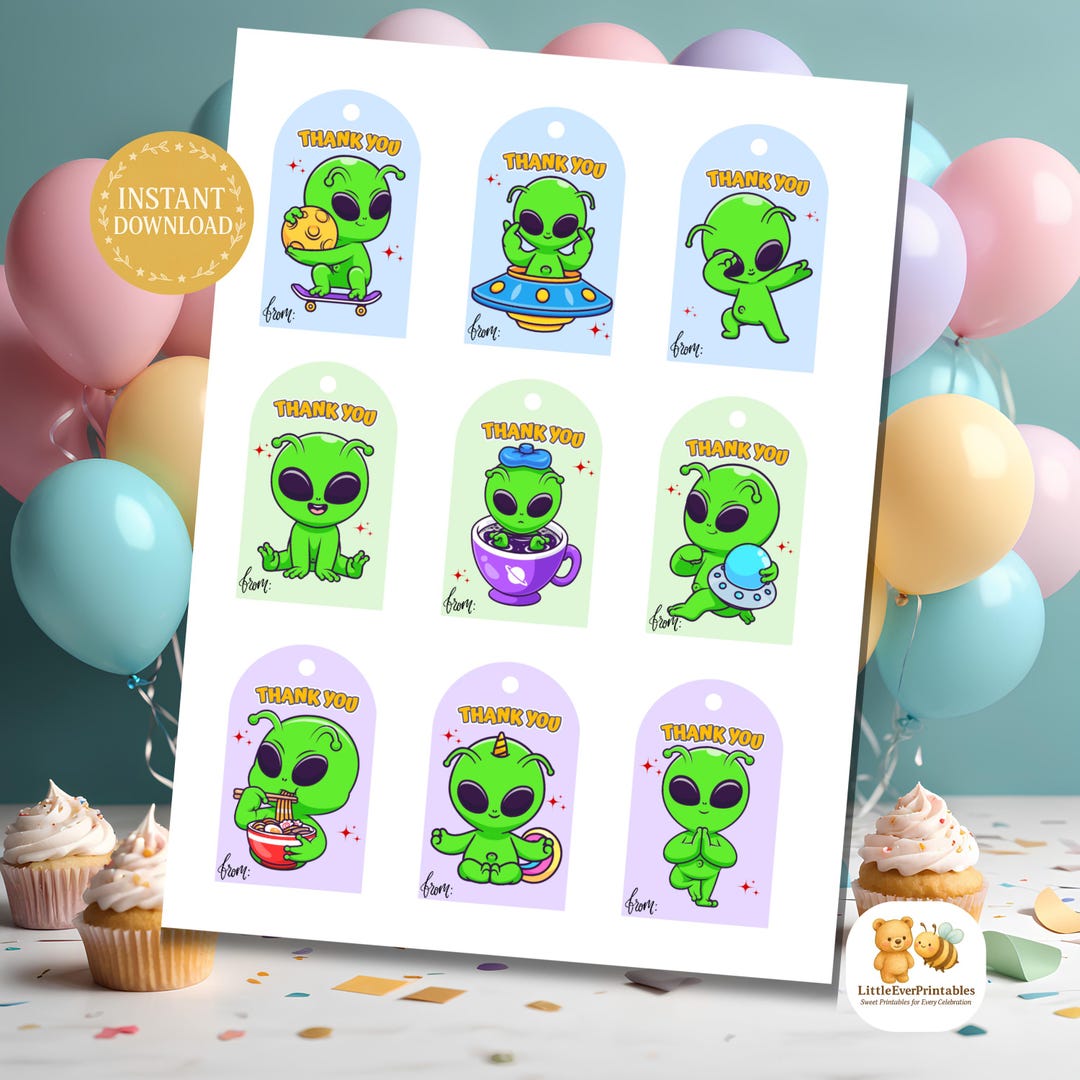 Alien Thank You Tags Printable • Cute Space Gift Tags • Kids Birthday ...