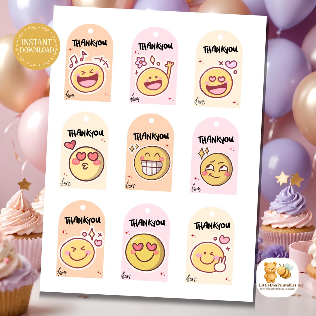 Emoji Thank You Gift Tags Printable | Cute Smiley Face Party Favor Tags ...