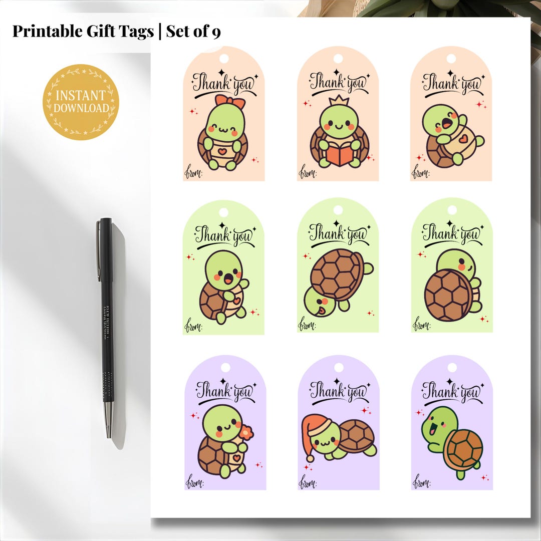 Printable Turtle Thank You Gift Tags Set of 9 | Cute Kawaii Turtle ...