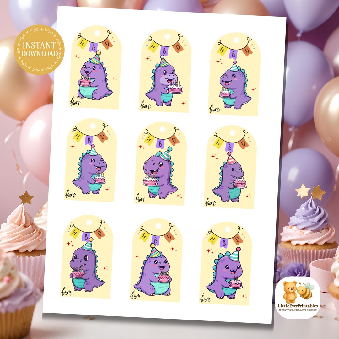 Dinosaur Birthday Gift Tags Printable | Cute Dino Party Favor Tags for ...