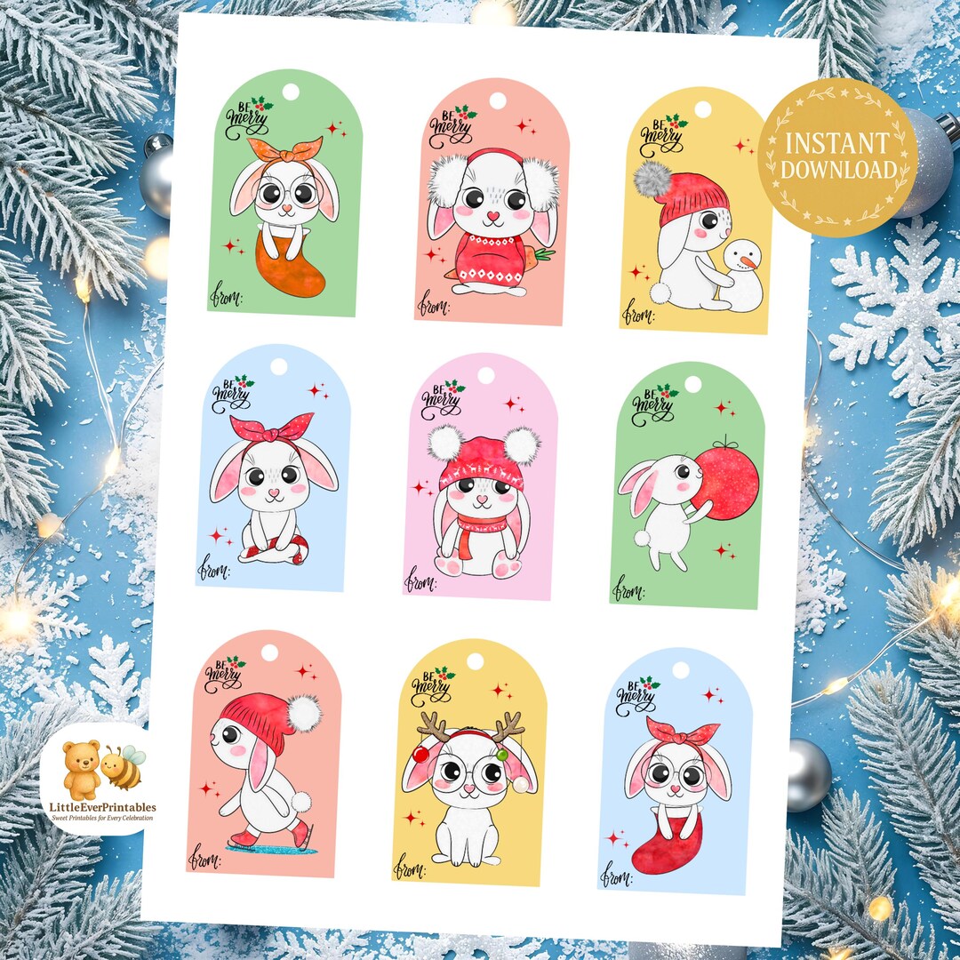 Bunny Christmas Gift Tags Printable • Cute Kawaii Holiday Tags • Kids ...