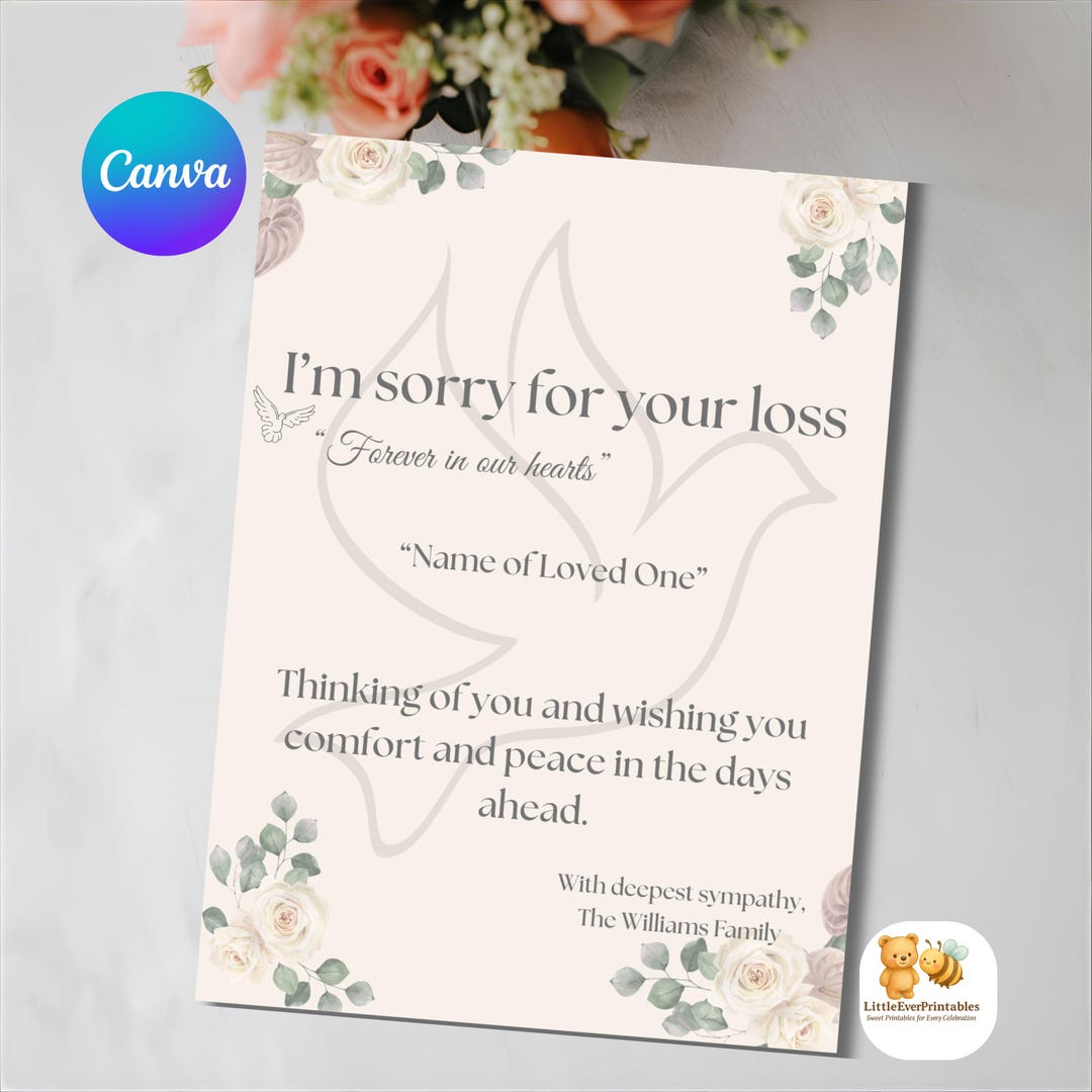 Editable Sympathy Card Template, Printable Funeral Condolence Card, I'm ...