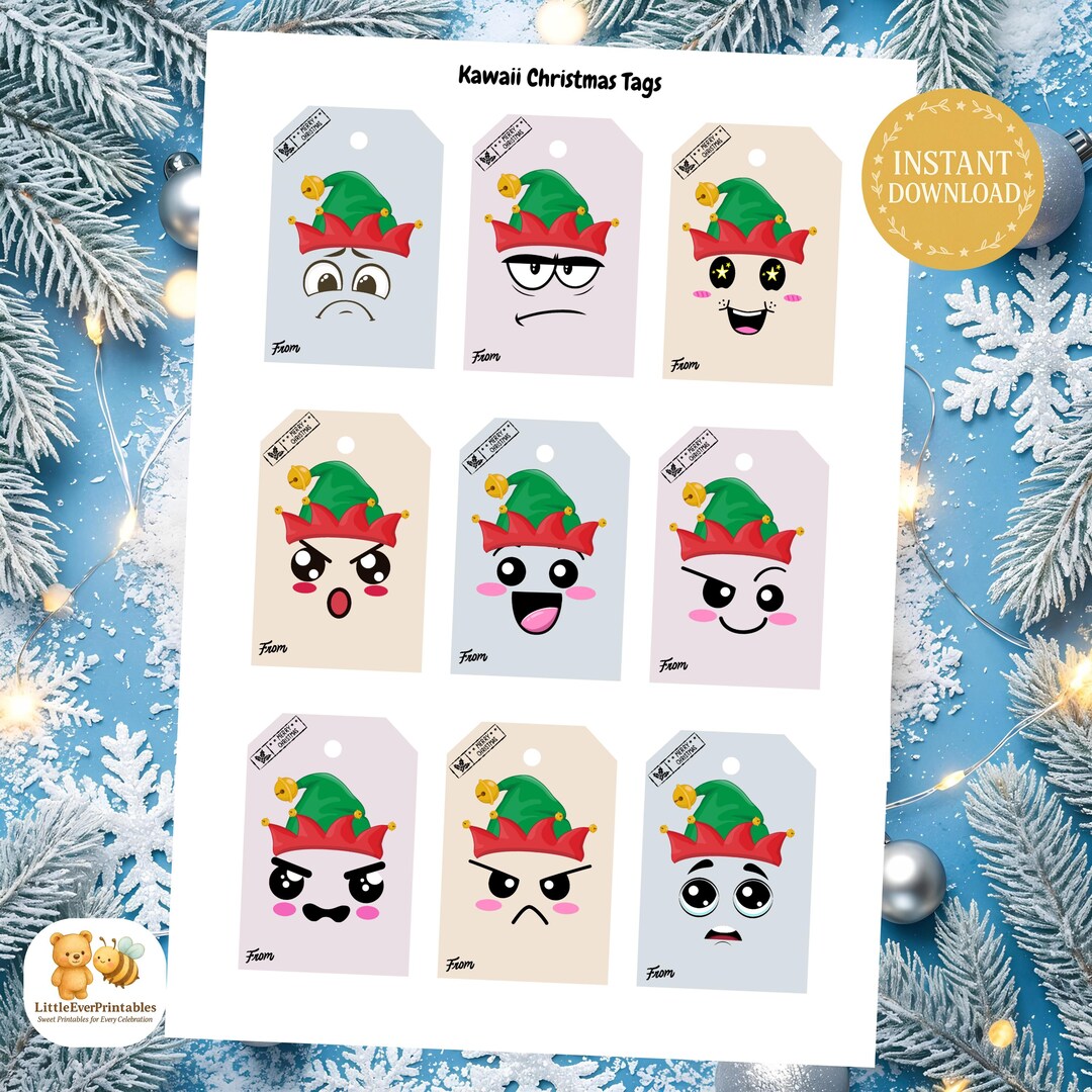 Kawaii Christmas Gift Tags | Cute Elf Face Tags Printable | Funny ...