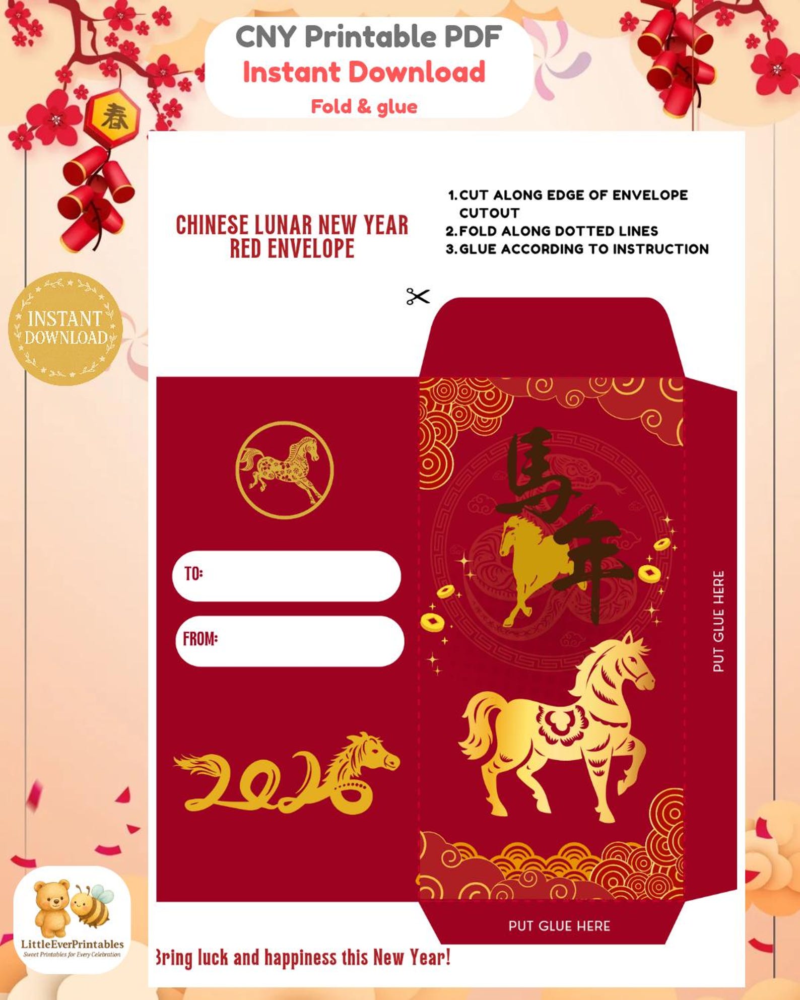Year of the Horse Red Envelope Printable | CNY 2026 Hongbao PDF ...