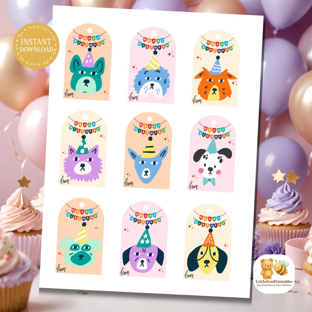 Cute Dog Birthday Gift Tags Printable for Kids Party Favors, Puppy ...