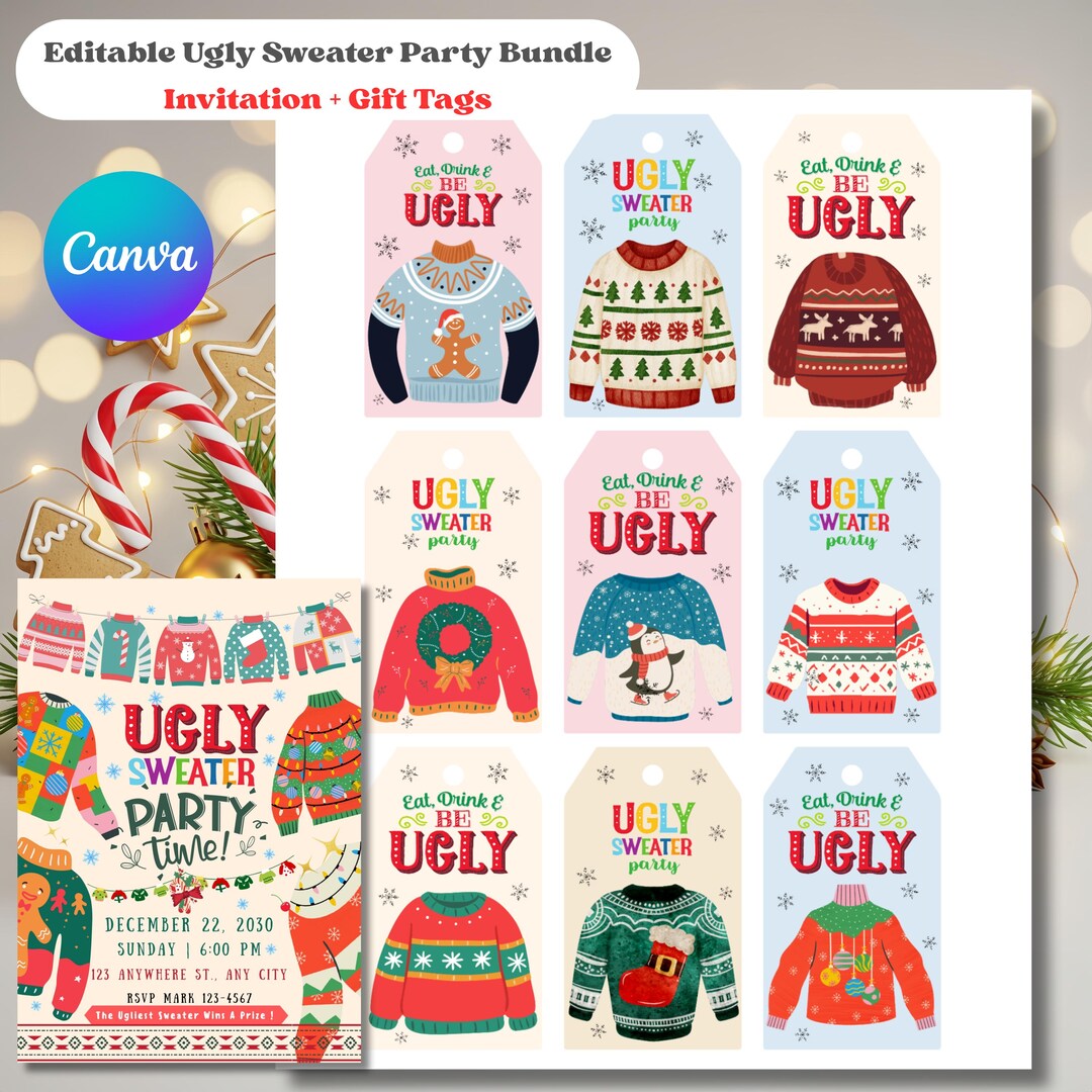 Editable Ugly Sweater Party Invitation & Gift Tags Bundle, Christmas ...