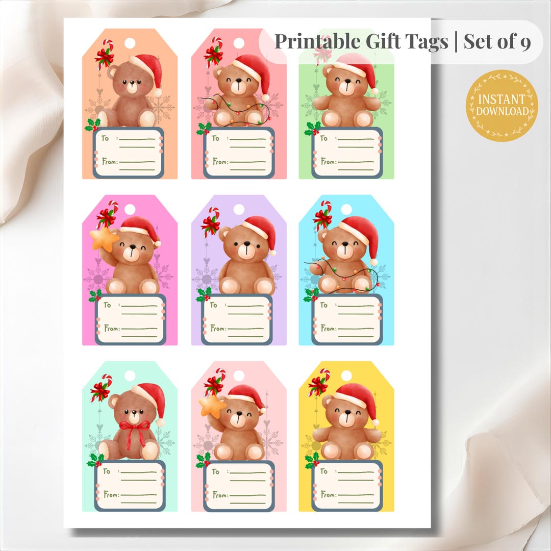 Printable Christmas Teddy Bear Gift Tags Set of 9 | Cute Holiday to ...