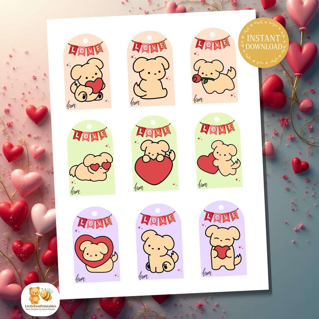 Valentine Puppy Gift Tags Printable, Cute Dog Valentine Treat Tags for ...