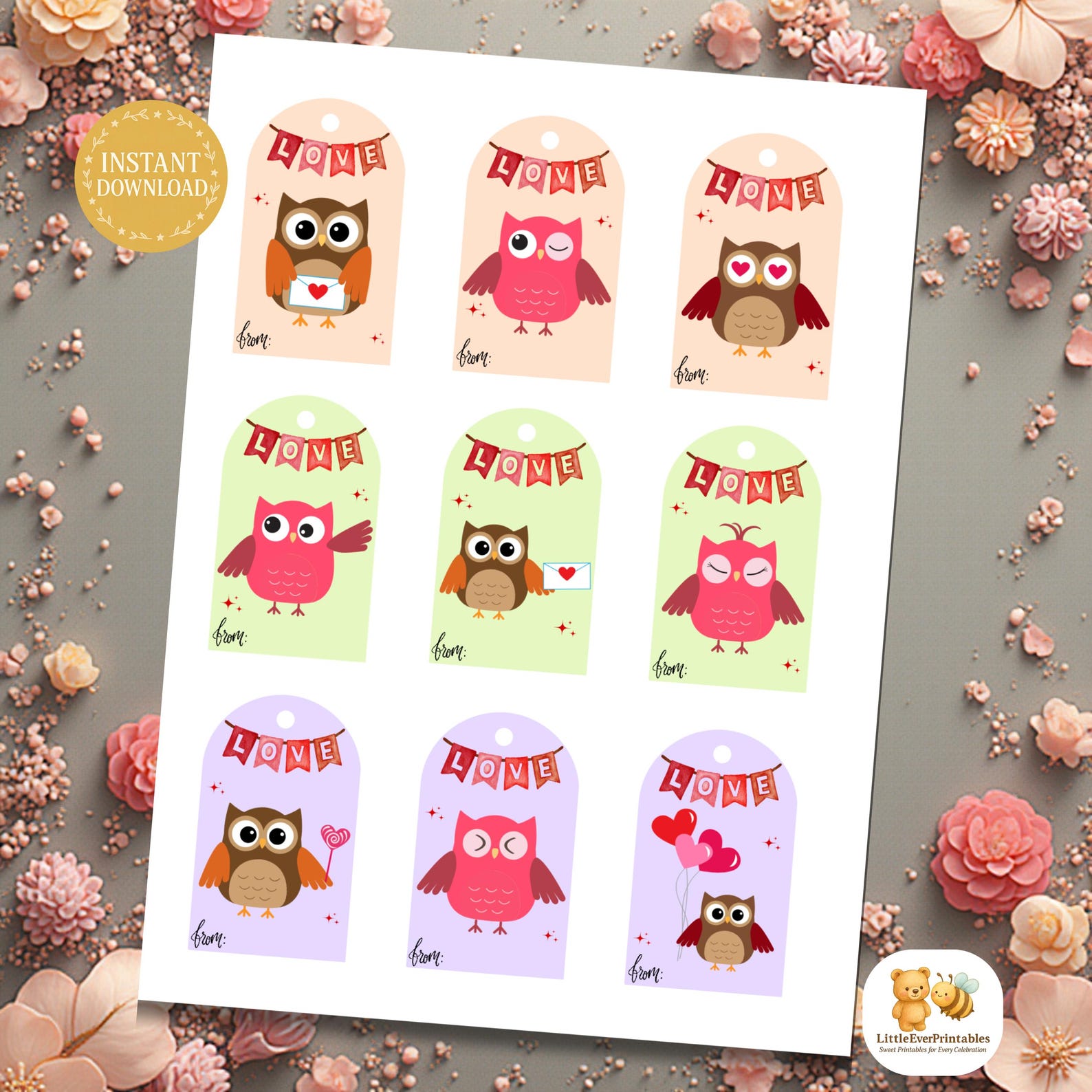 Cute Valentine Owl Gift Tags Printable | Love Owl Classroom Cards for ...