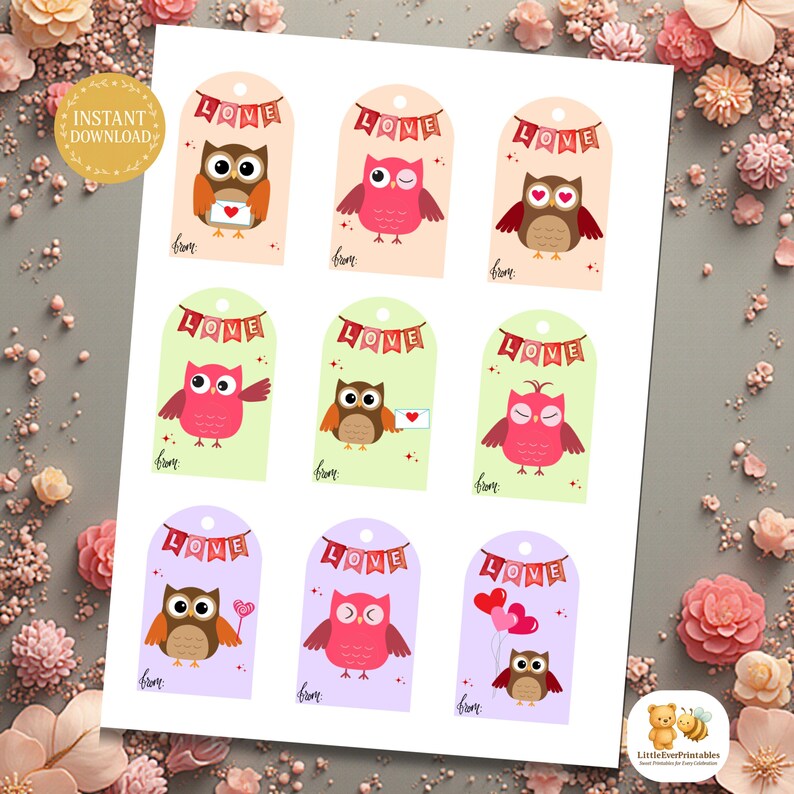 Cute Valentine Owl Gift Tags Printable | Love Owl Classroom Cards for ...